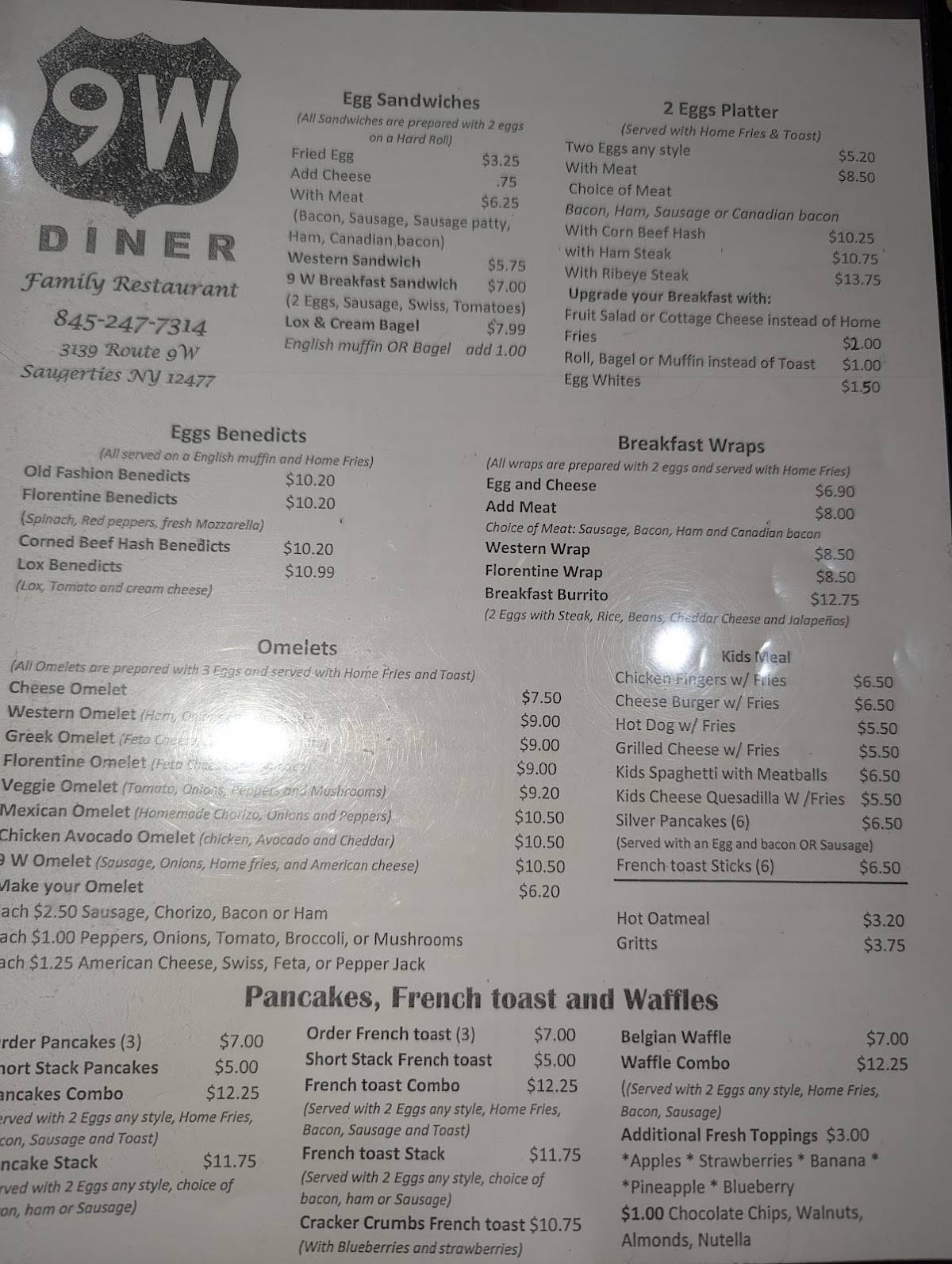 Menu at 9W Diner, Saugerties