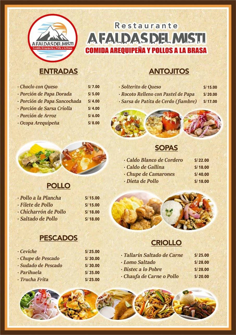 Menu at A FALDAS DEL MISTI... Comida Arequipeña y pollo a la brasa ...