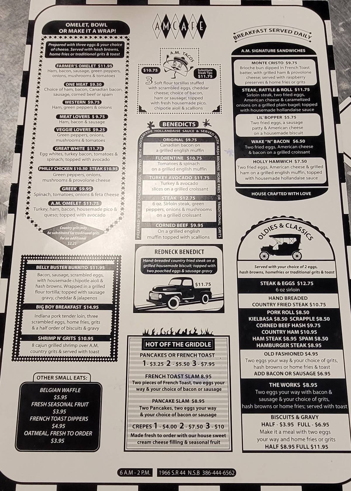 Menu at A.M. Cafe, New Smyrna Beach