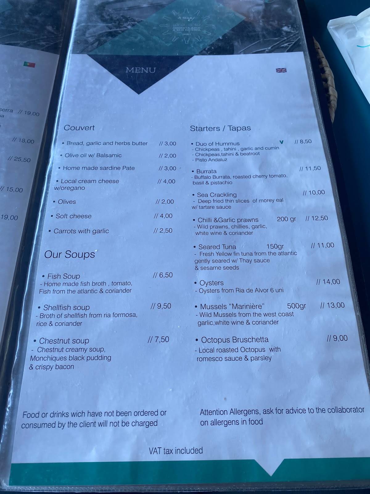 Menu at A Tasca restaurant, Sagres