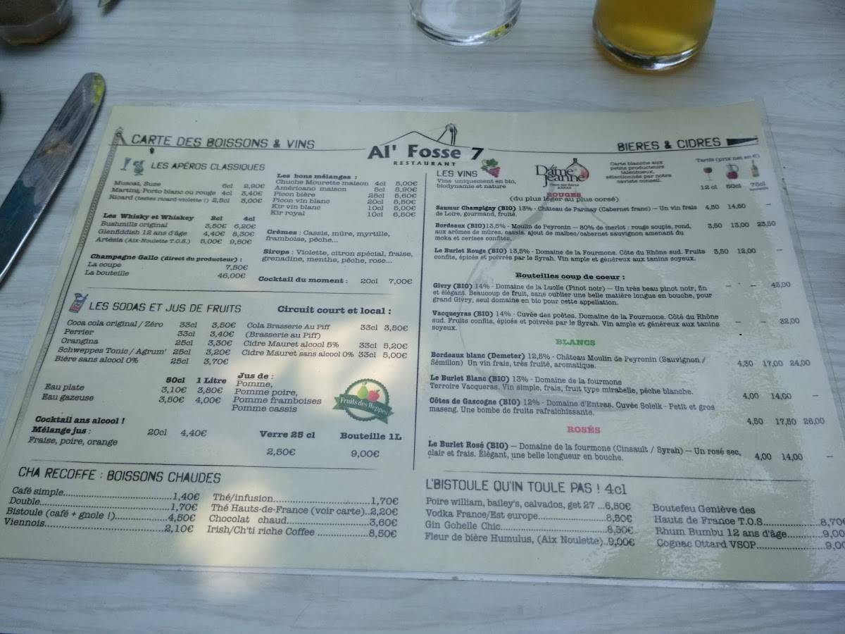 Menu au A l'Fosse 7 Restaurant, Avion