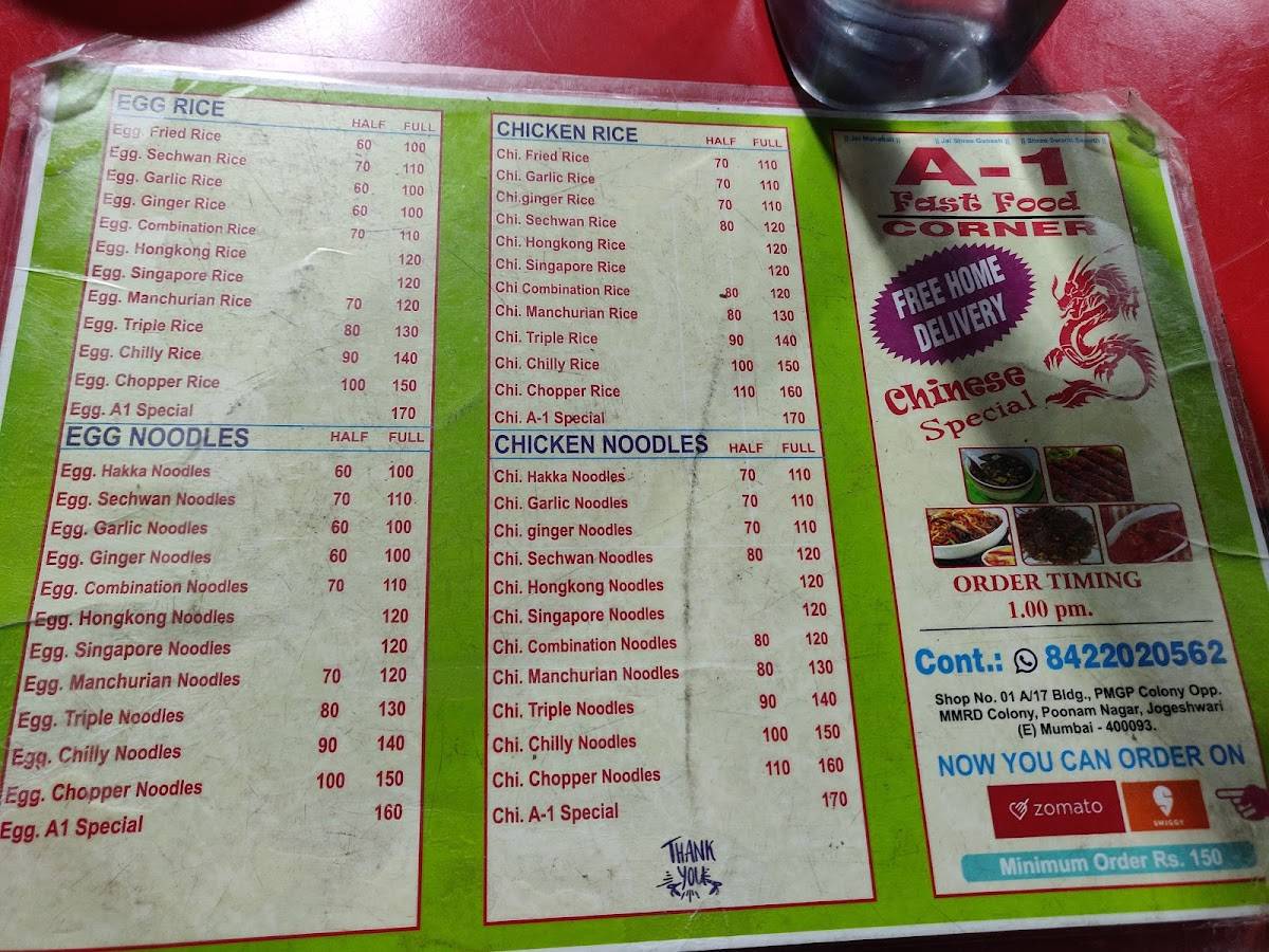Menu at A1 fast food corner, Mumbai, Shop no 1 bldg no A/17 ekta ...