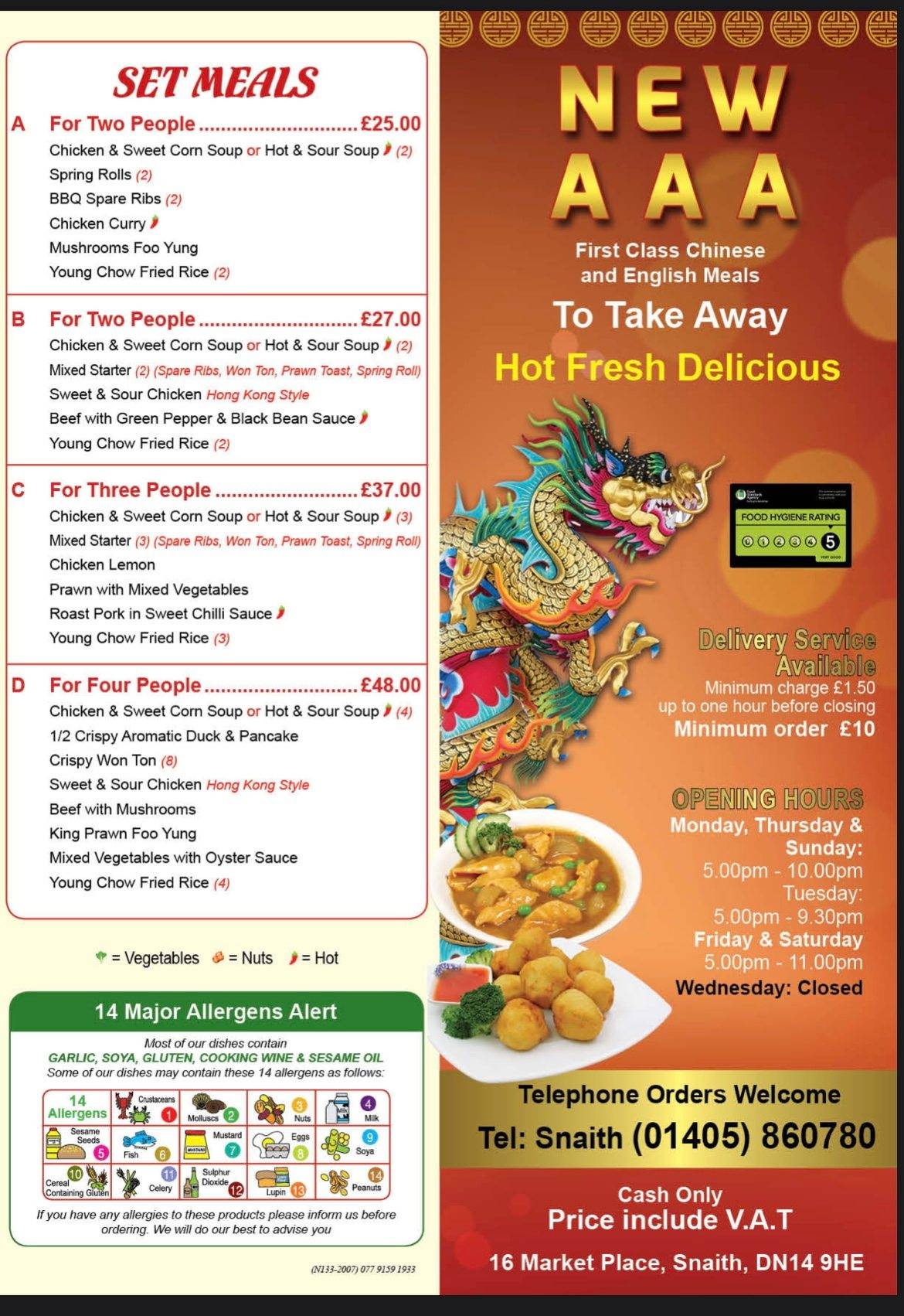 Menu at AAA Chinese Goole restaurant, Carlton