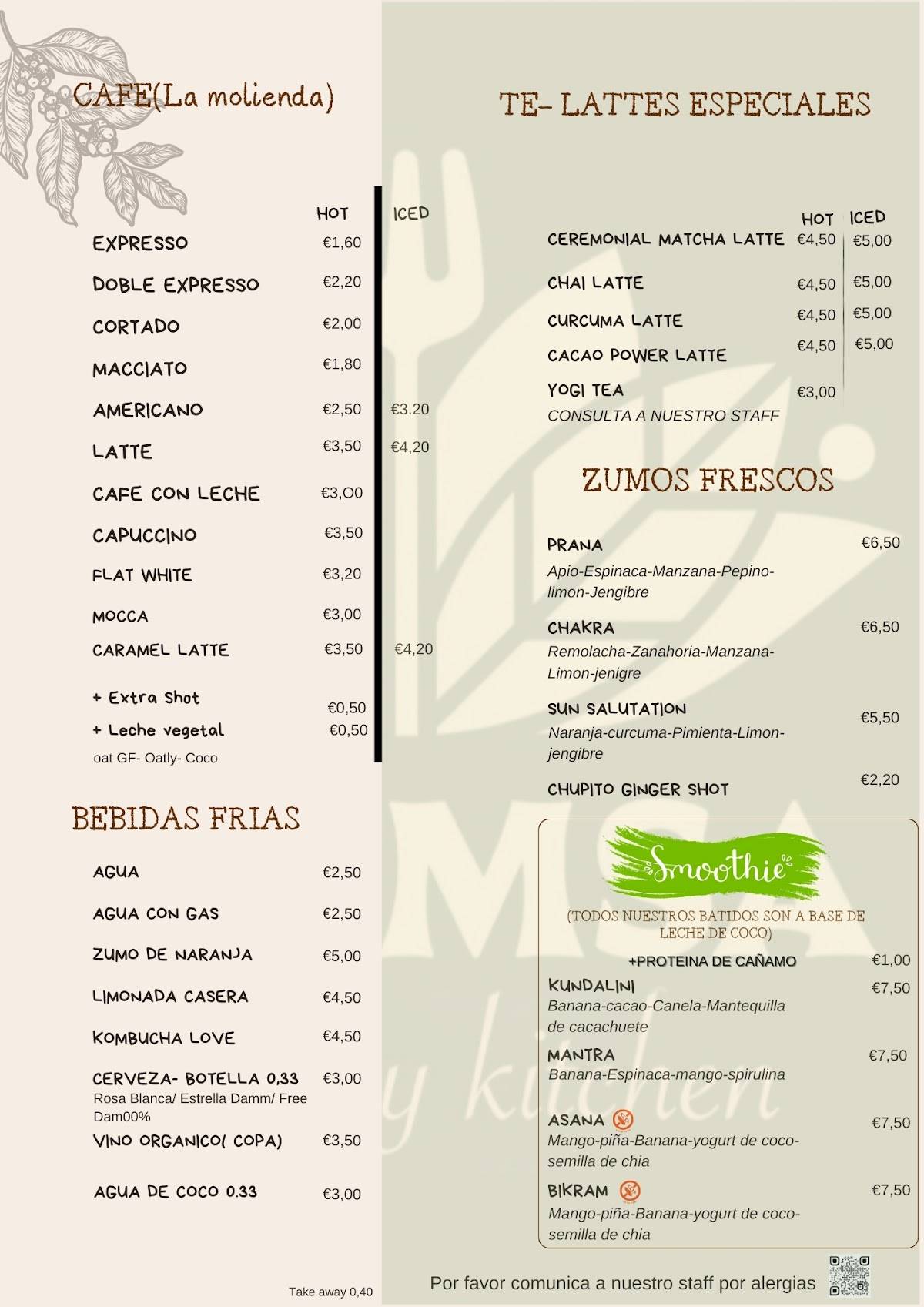 Carta del restaurante AHIMSA mallorca brunch & coffee, Palma del Mallorca