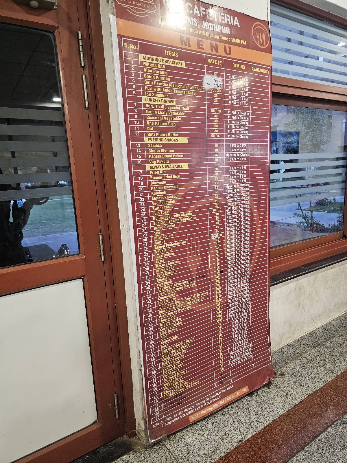 Menu at AIIMS CAFETERIA CANTEEN, Jodhpur
