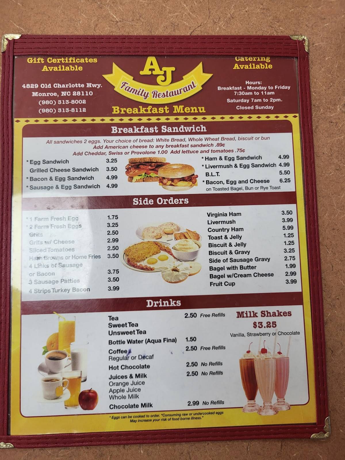 Menu at AJ Family Restaurant, Monroe