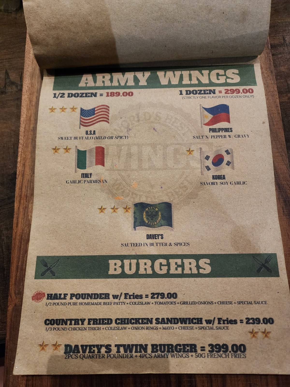 Menu at ARMY DAVEY restaurant, Cainta