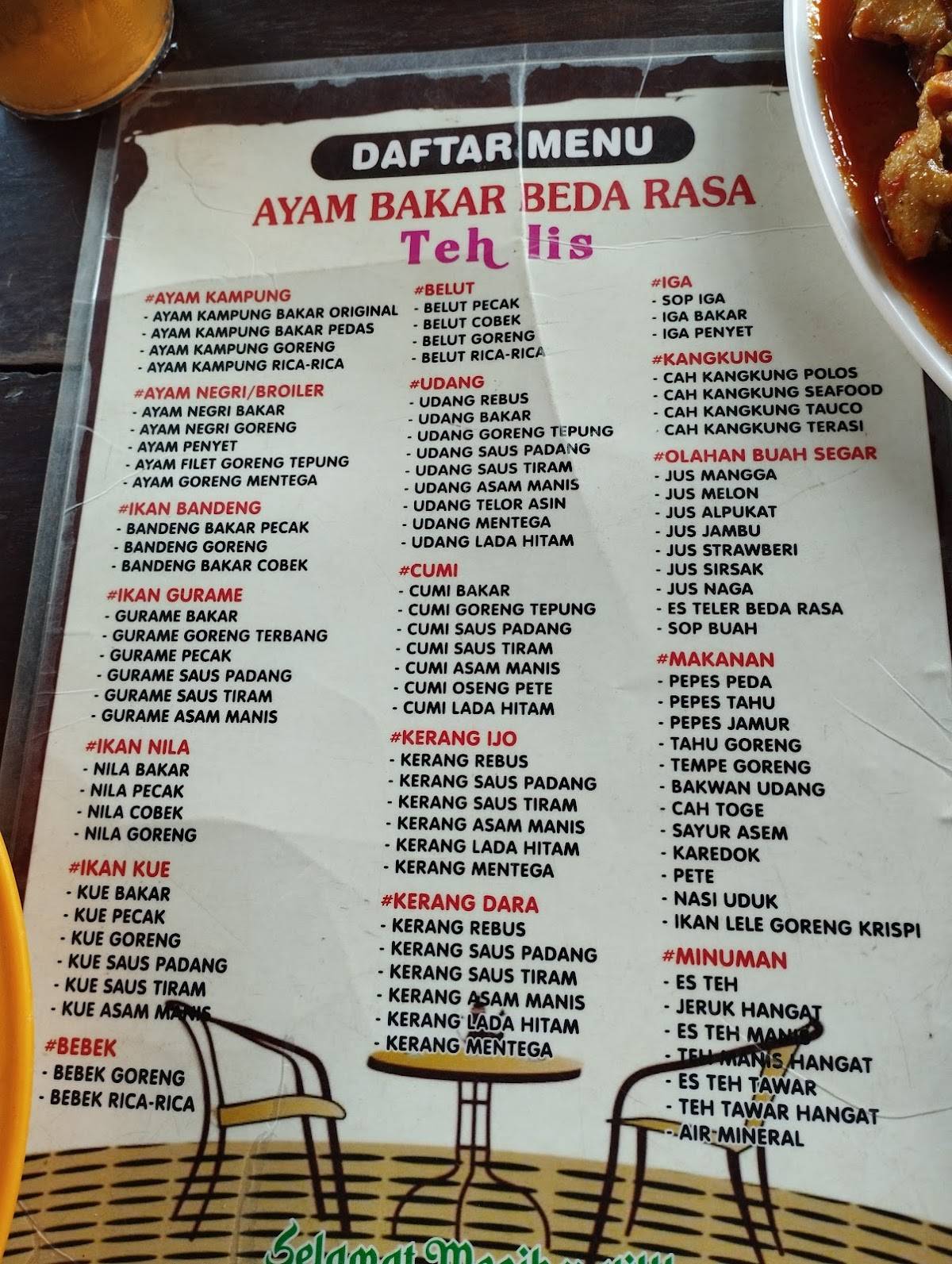 Carta del restaurante AYAM BAKAR BEDA RASA TEH IIS, Indonesia, WJHW+6HG