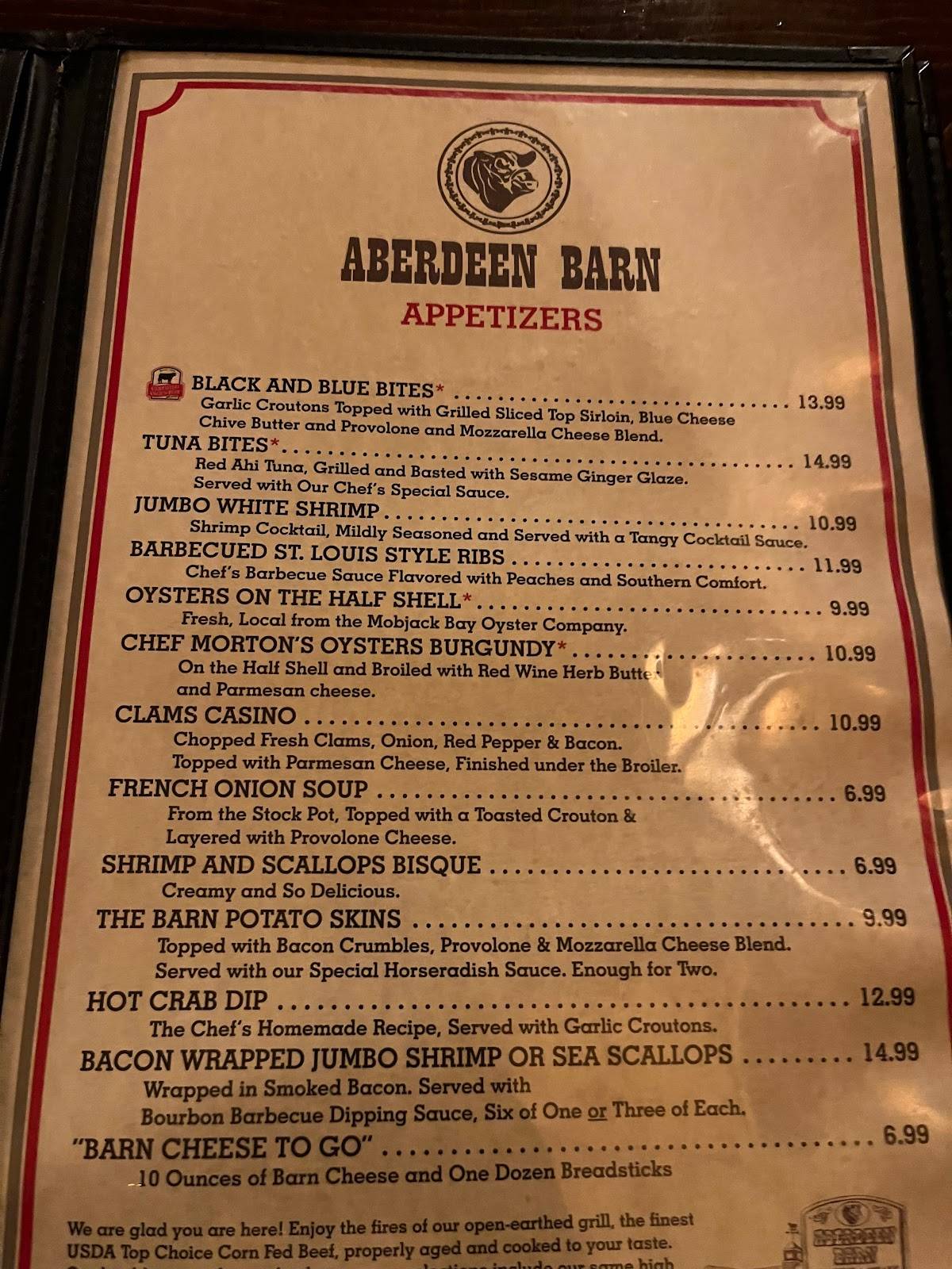 Menu at Aberdeen Barn Steakhouse, Williamsburg, Richmond Rd