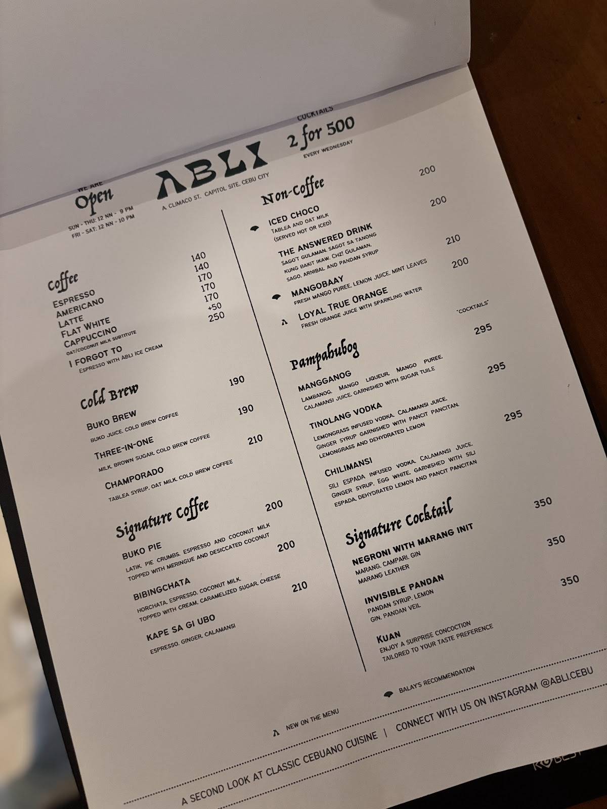 Menu at Abli Cebu restaurant, Cebu City