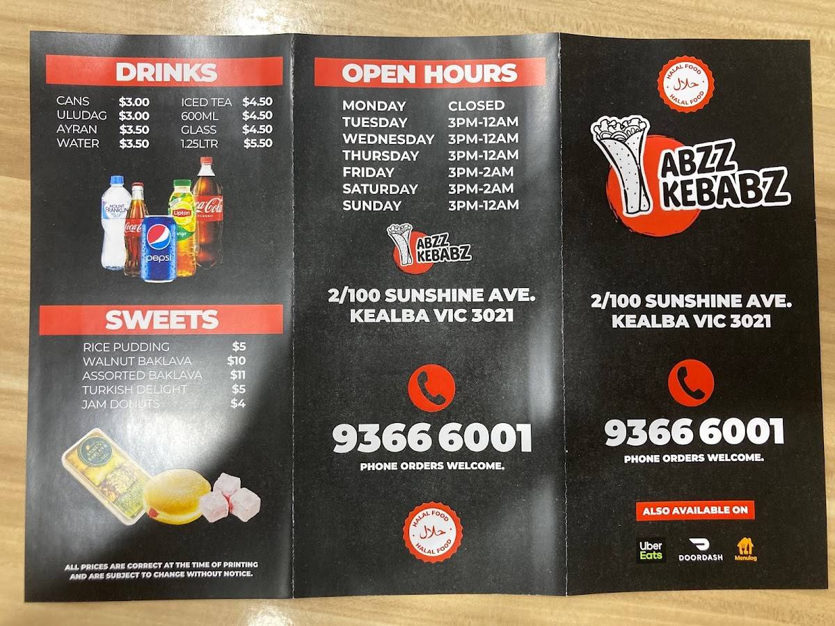 Menu at Abzz Kebabz restaurant, Kealba