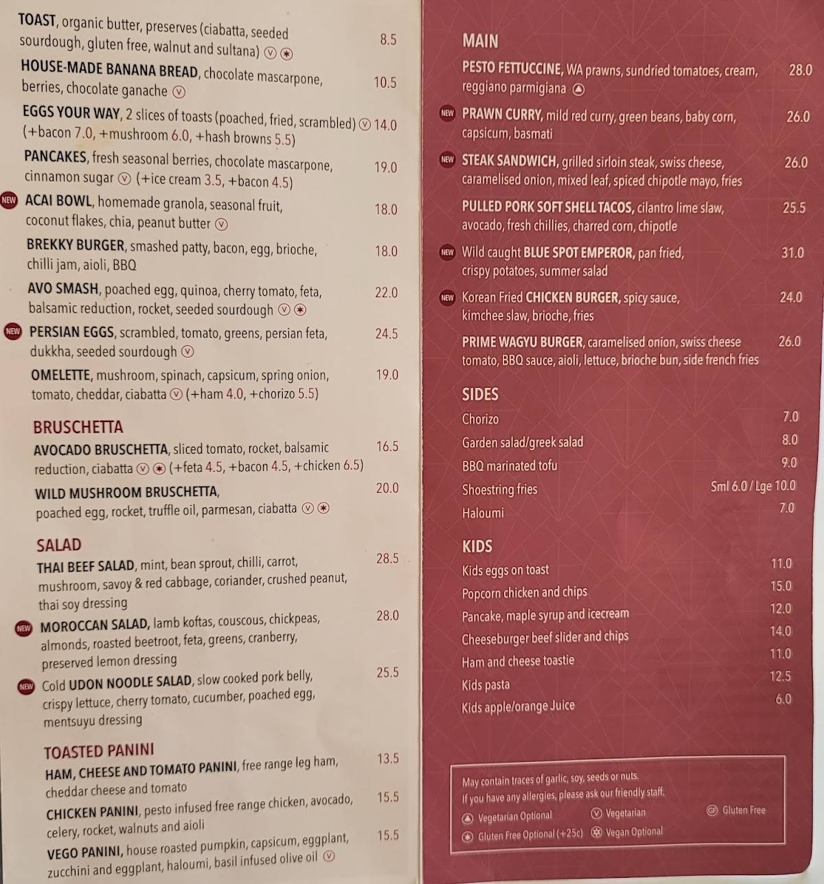 Menu at Academy cafe, Claremont