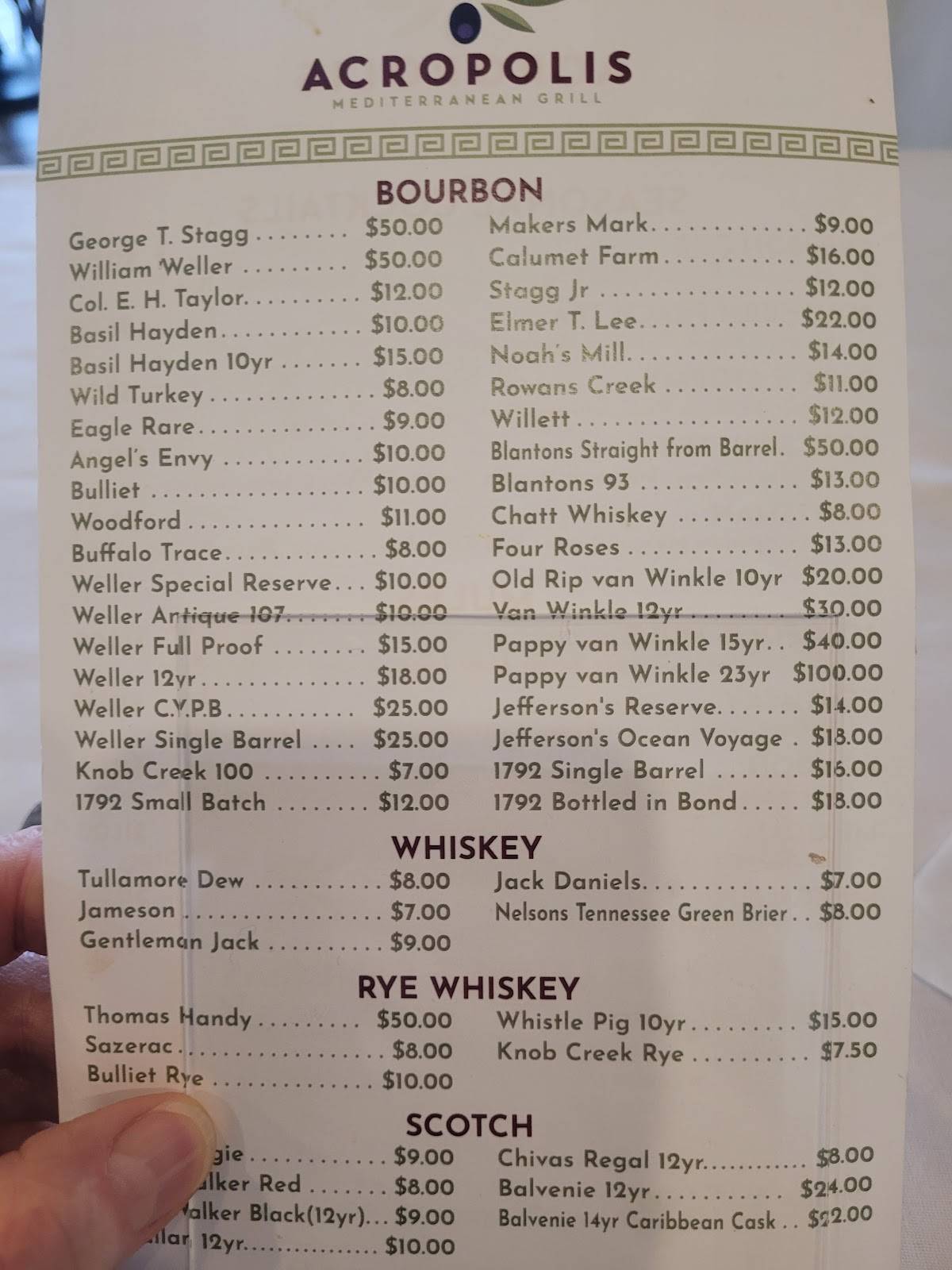 Menu at Acropolis Grill restaurant, Chattanooga