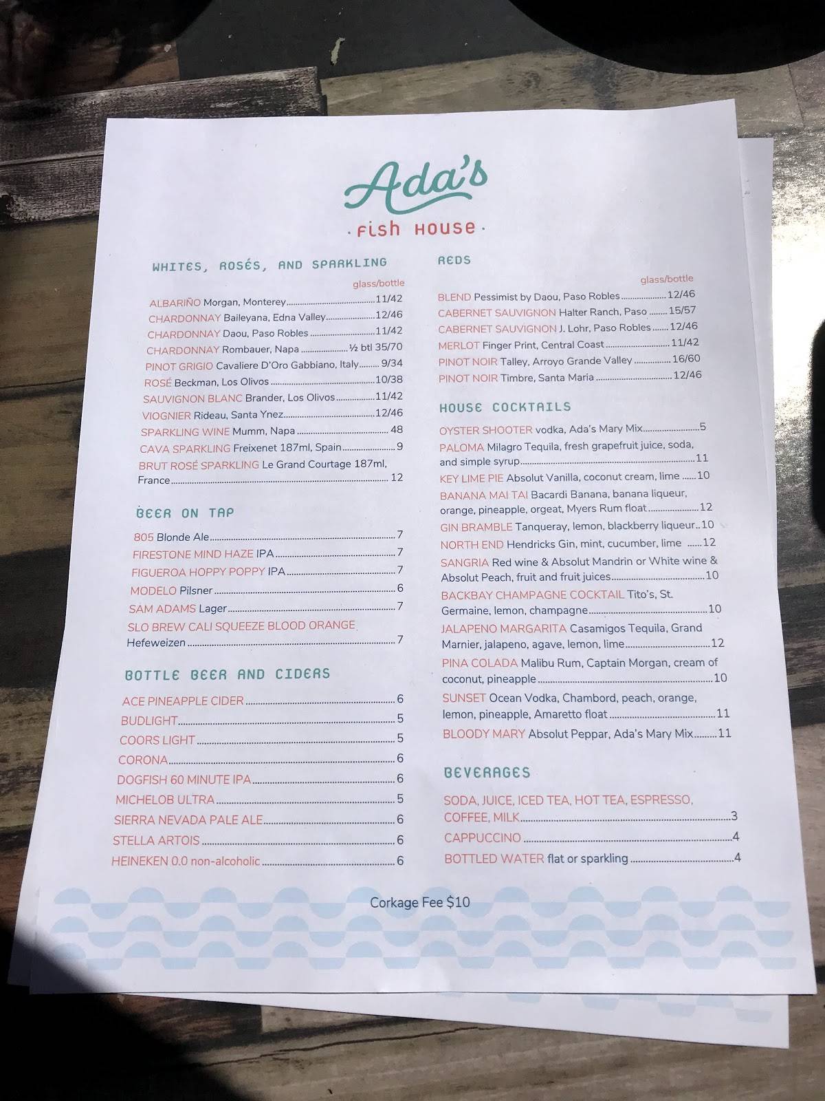 Menu at Ada’s Fish House pub & bar, Pismo Beach