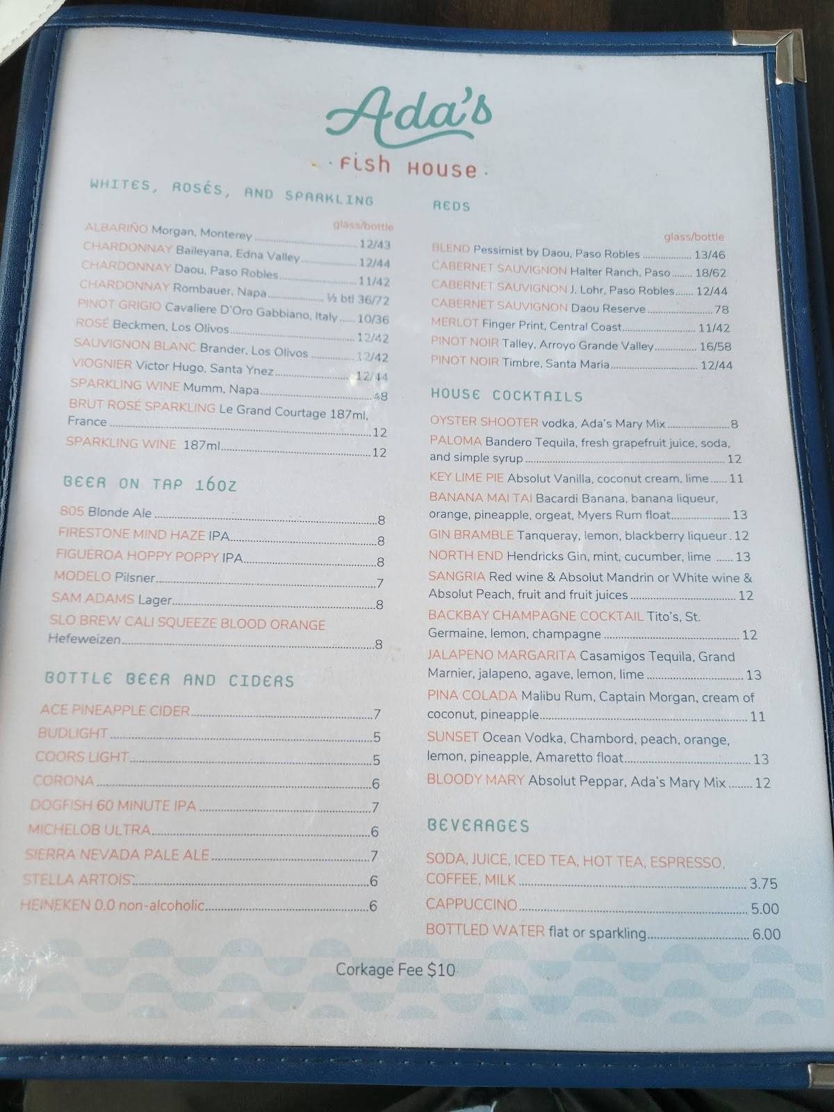 Menu at Ada’s Fish House pub & bar, Pismo Beach
