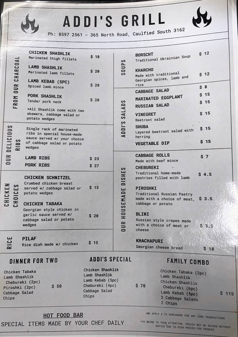 Menu at Addi's Grill restaurant, Caulfield South