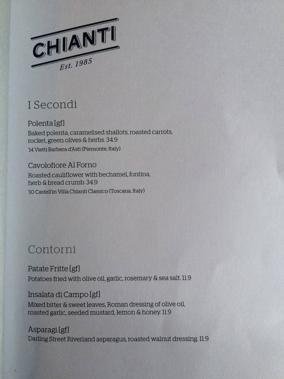 Menu at Chianti restaurant, Adelaide