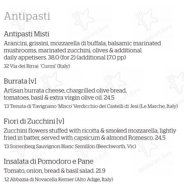 Menu at Chianti restaurant, Adelaide