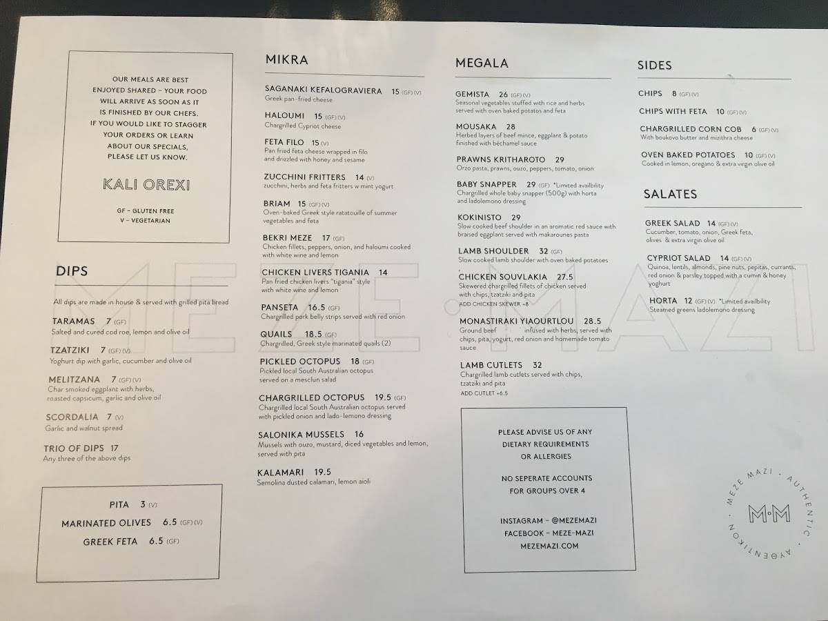 Menu at Meze Mazi restaurant, Prospect