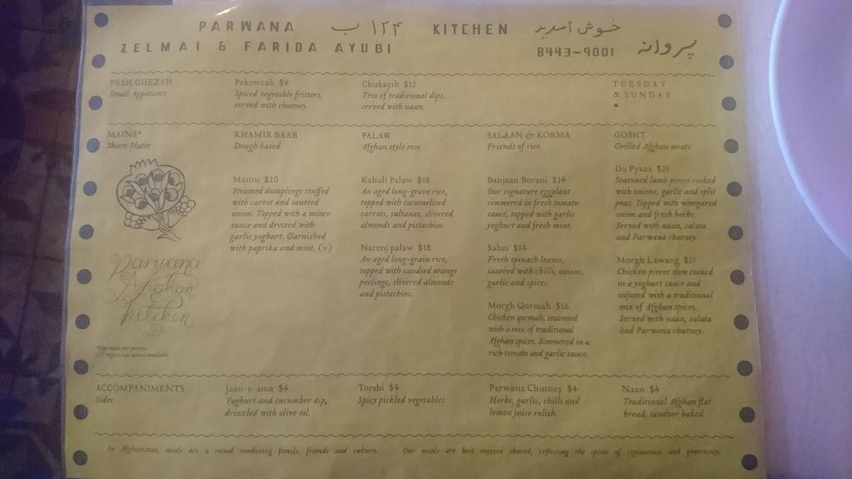 Menu at Parwana Afghan Kitchen restaurant, Torrensville
