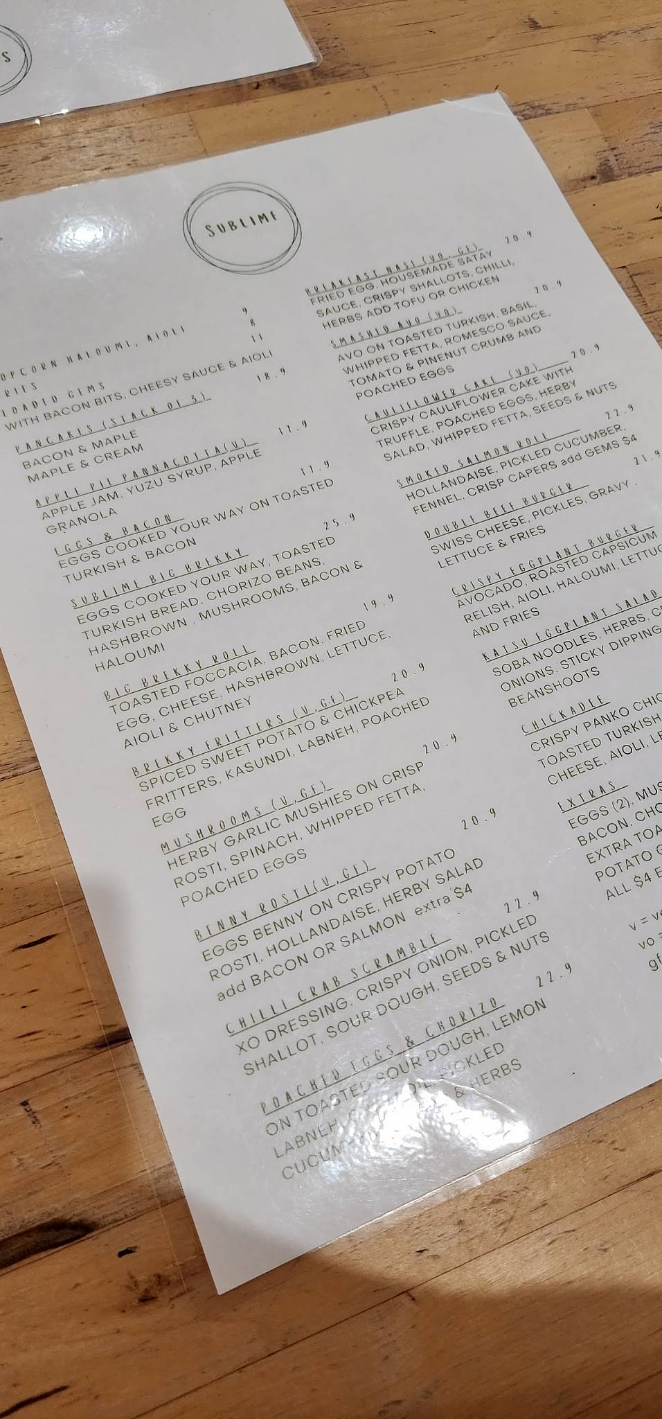 Menu at Sublime Cafe, Clarence Park