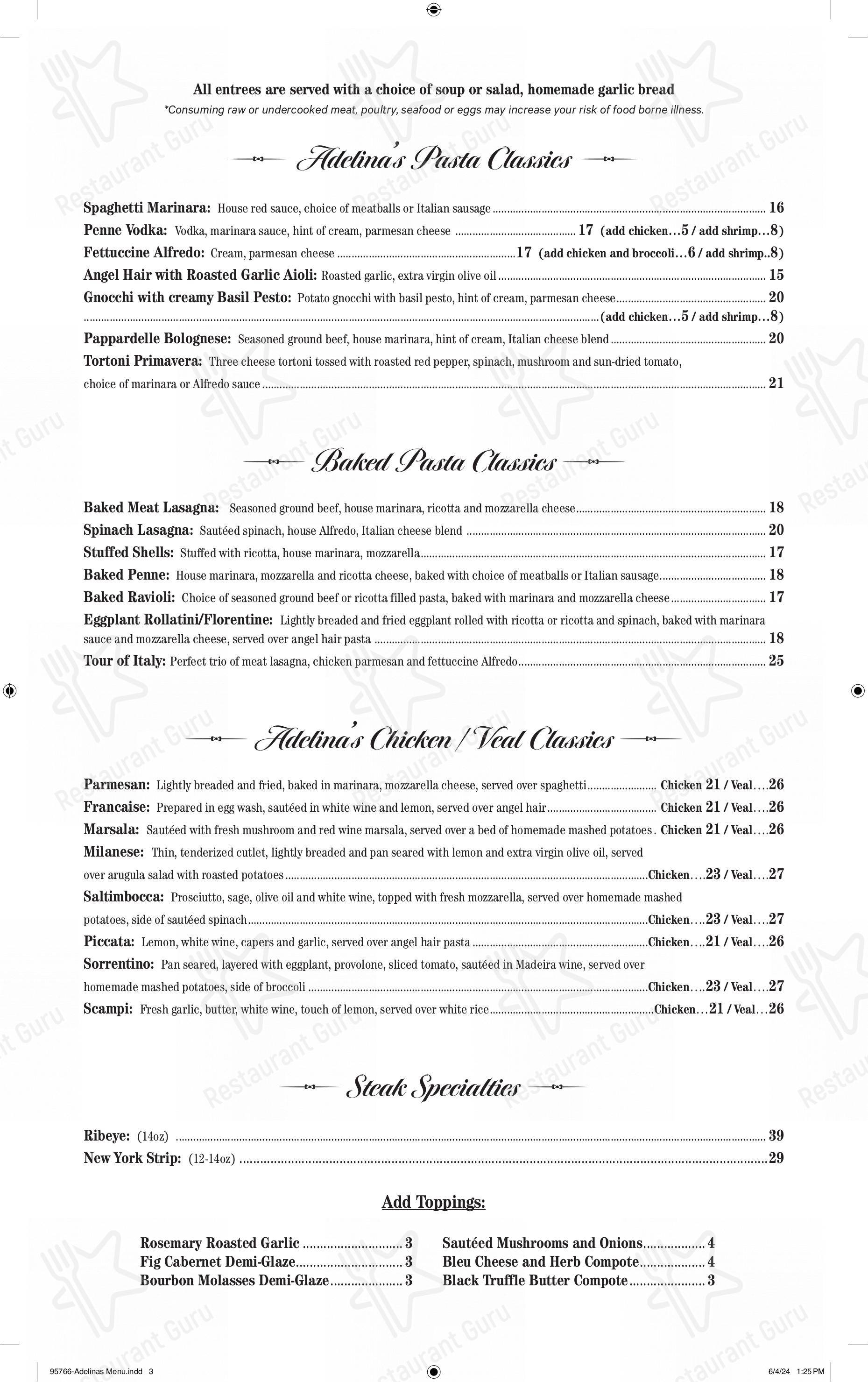 Menu at Adelina's Restaurant and Pizzaria, Mountain Top