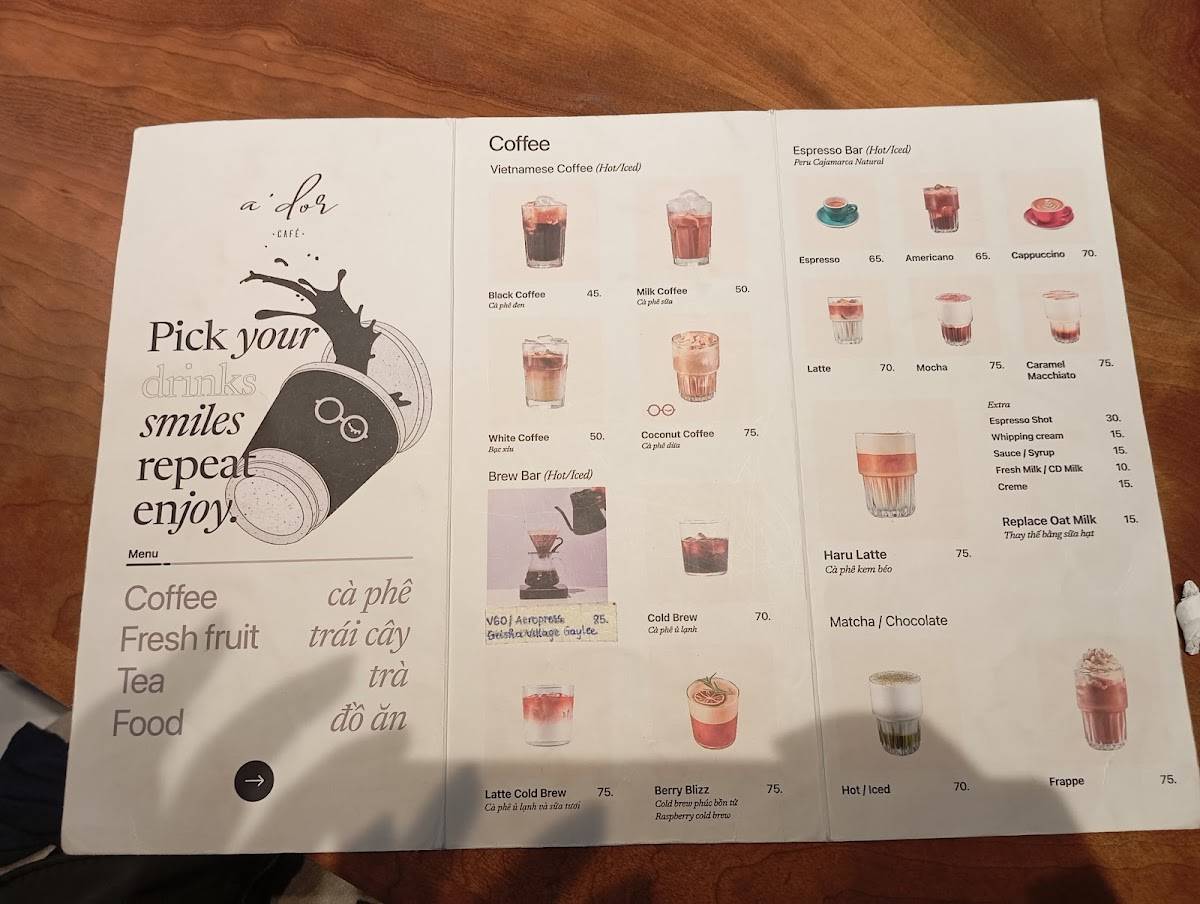 Menu at A’dor Café cafe, Ho Chi Minh City