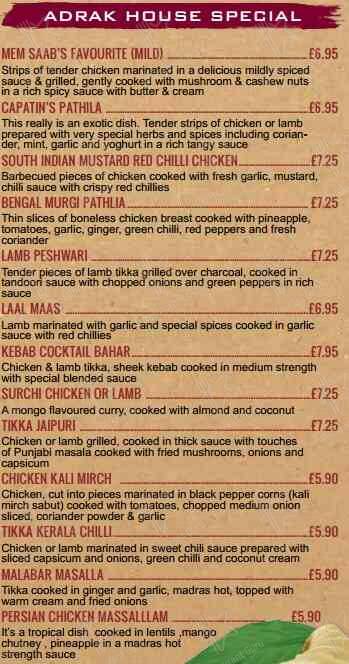 Carta del restaurante Adrak, Londres