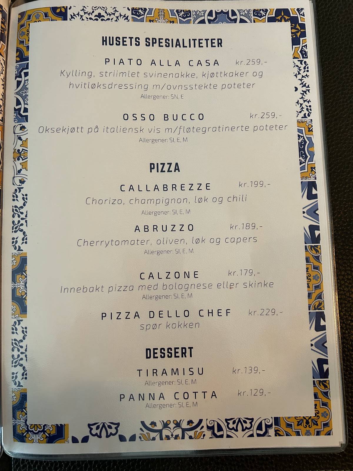 Menu at Adriatico restaurant, Stavanger