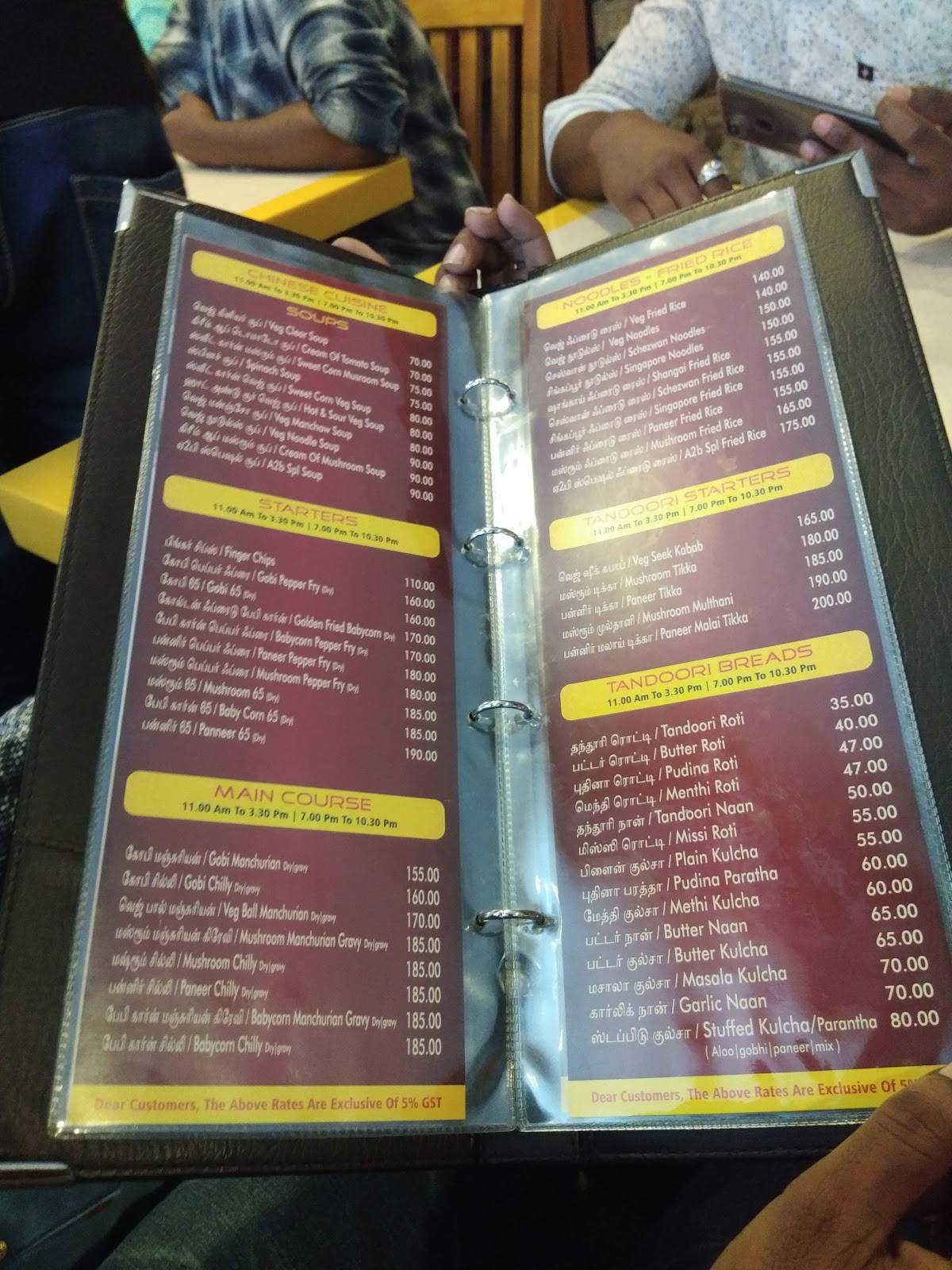 Menu at Adyar Ananda Bhavan - A2B, India, 181/182