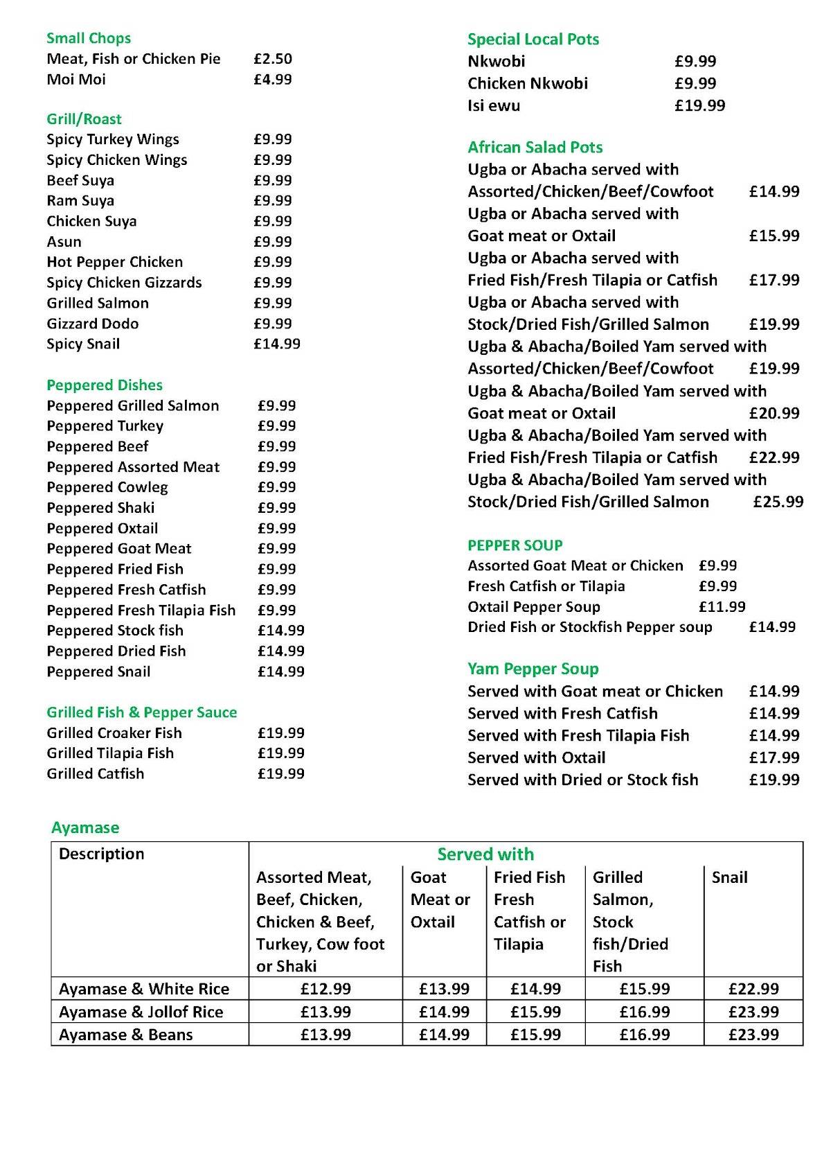 Menu at African Pots & Spices Takeaway Restaurant- Nigerian, London