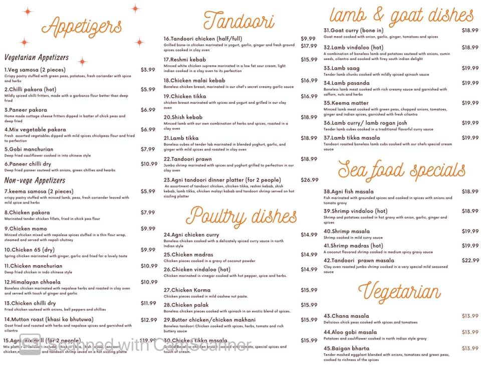 Menu at Agni Indian Restaurant & Bar, Greensboro