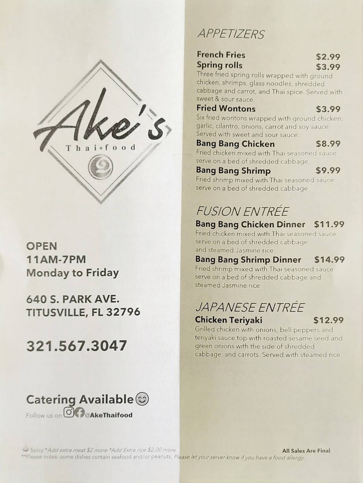 Menu at Ake's Thai Food restaurant, Titusville