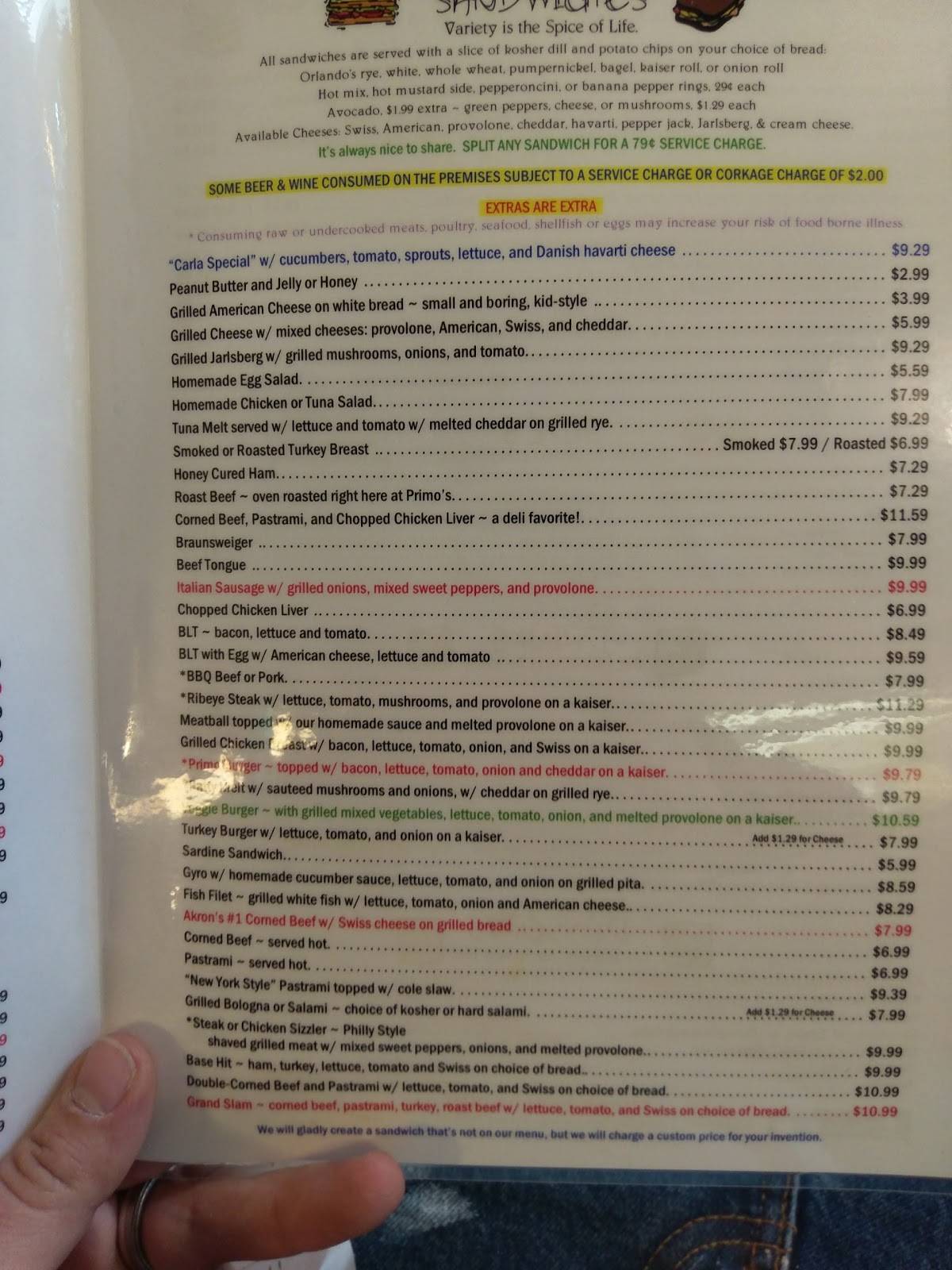 Menu at Primo's Deli restaurant, Akron