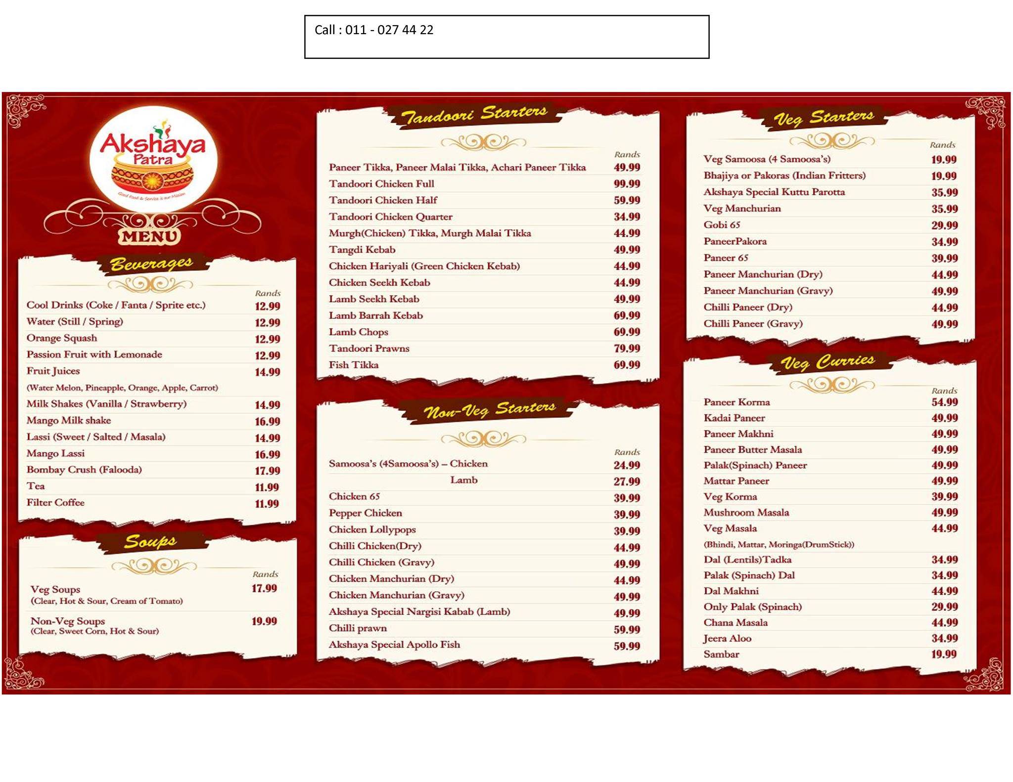 Menu at Akshaya Patra, Authentic Indian Restaurant, Midrand