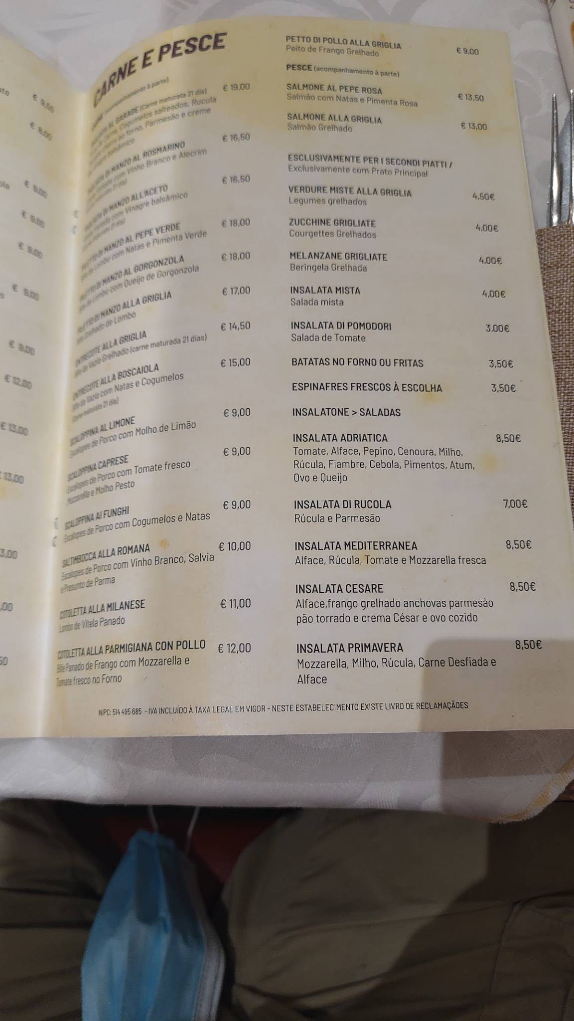 Menu em Al Garage restaurante, Lisboa