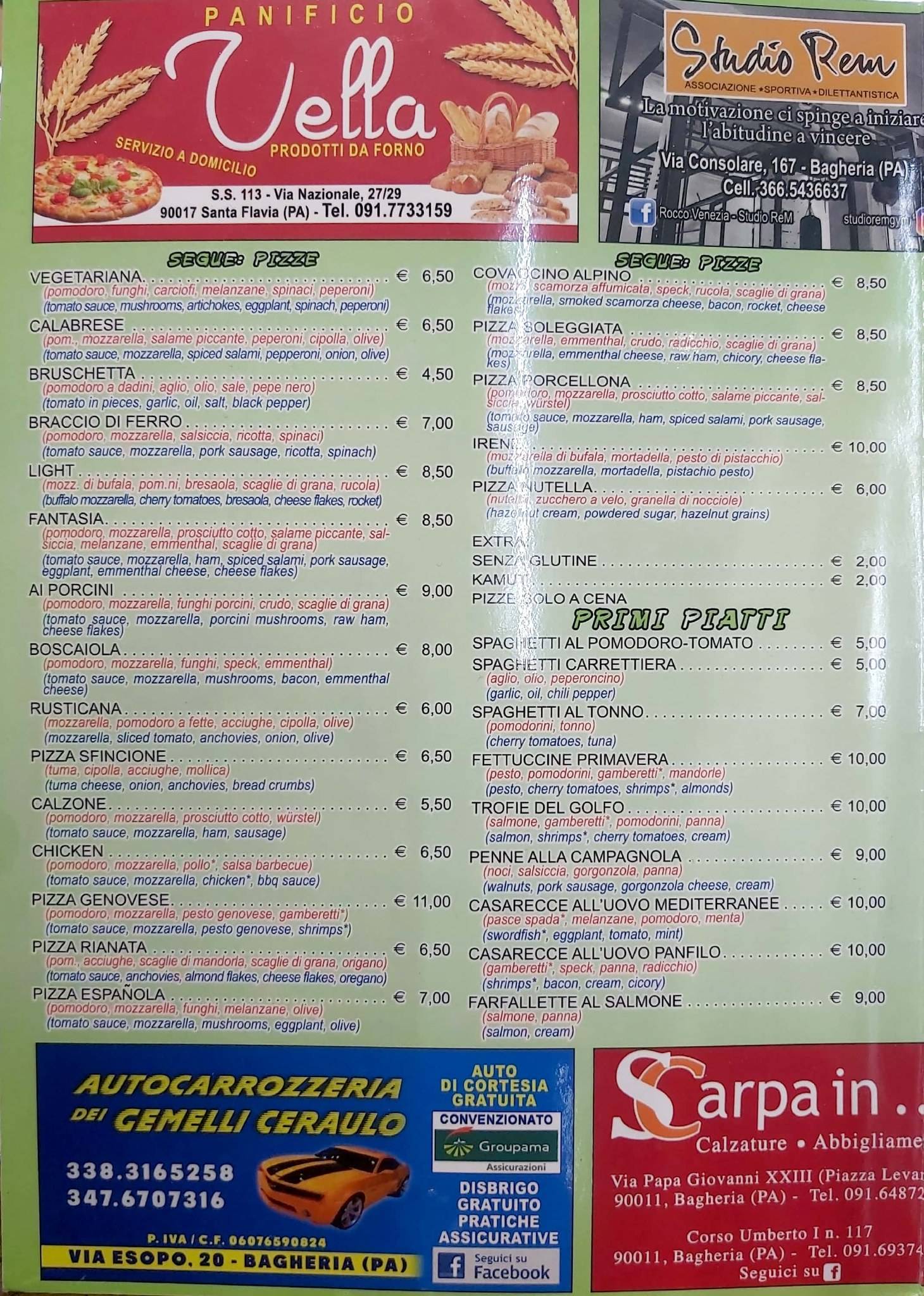Menu da Al Panfilo ristorante, Porticello