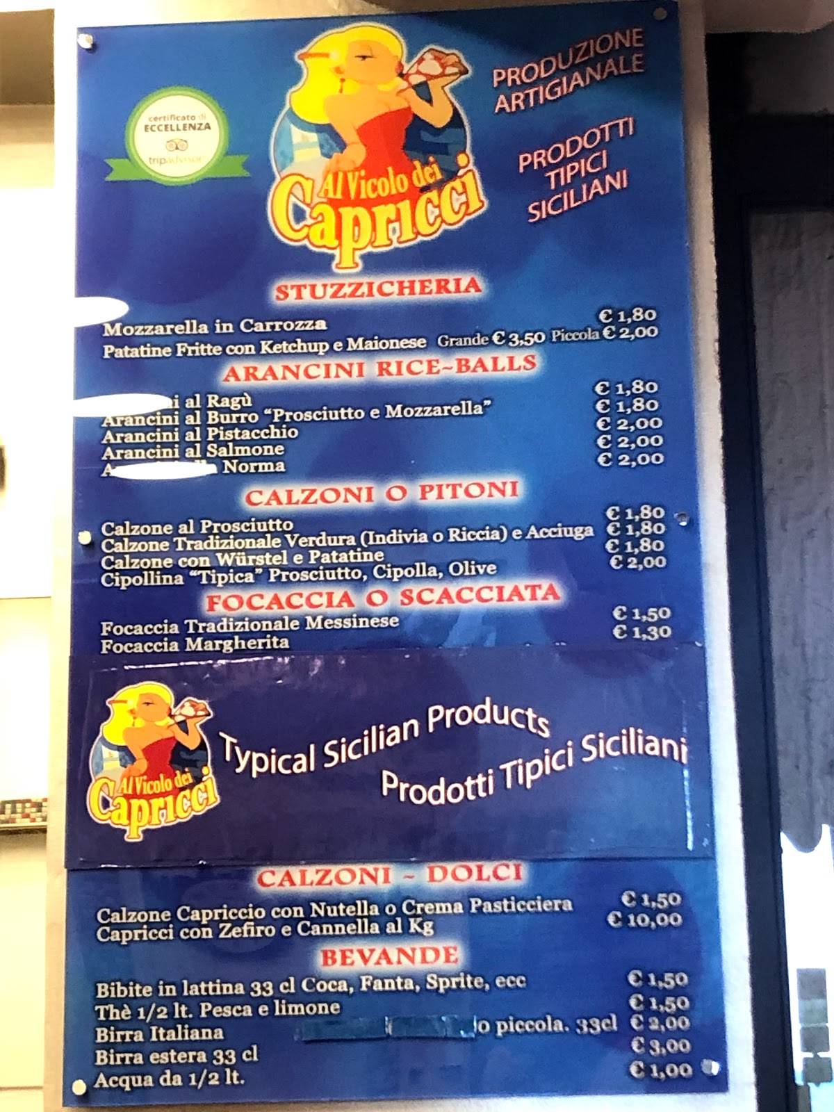 Menu da Al Vicolo dei Capricci ristorante, Giardini Naxos