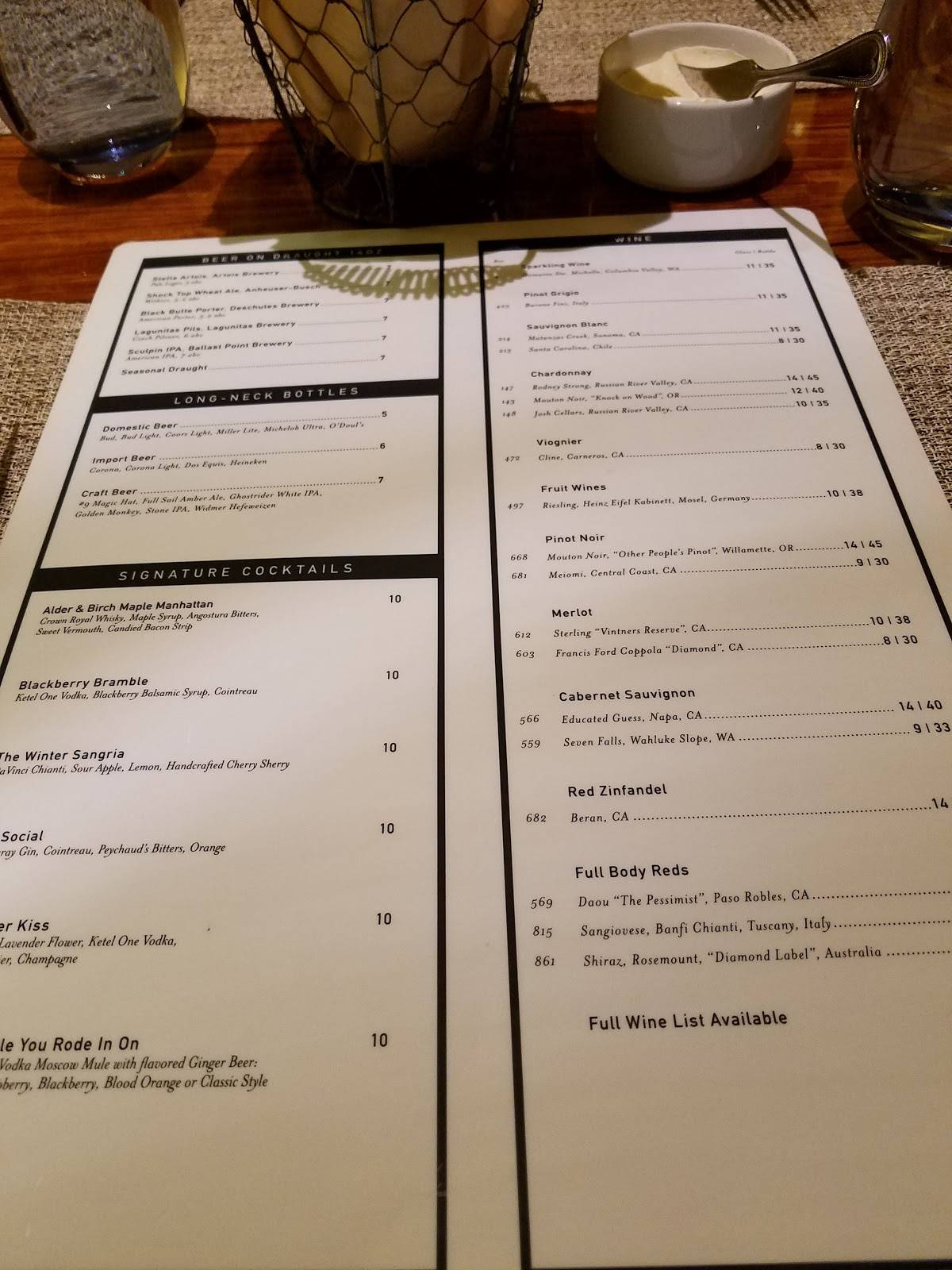 Menu at Alder & Birch pub & bar, Las Vegas