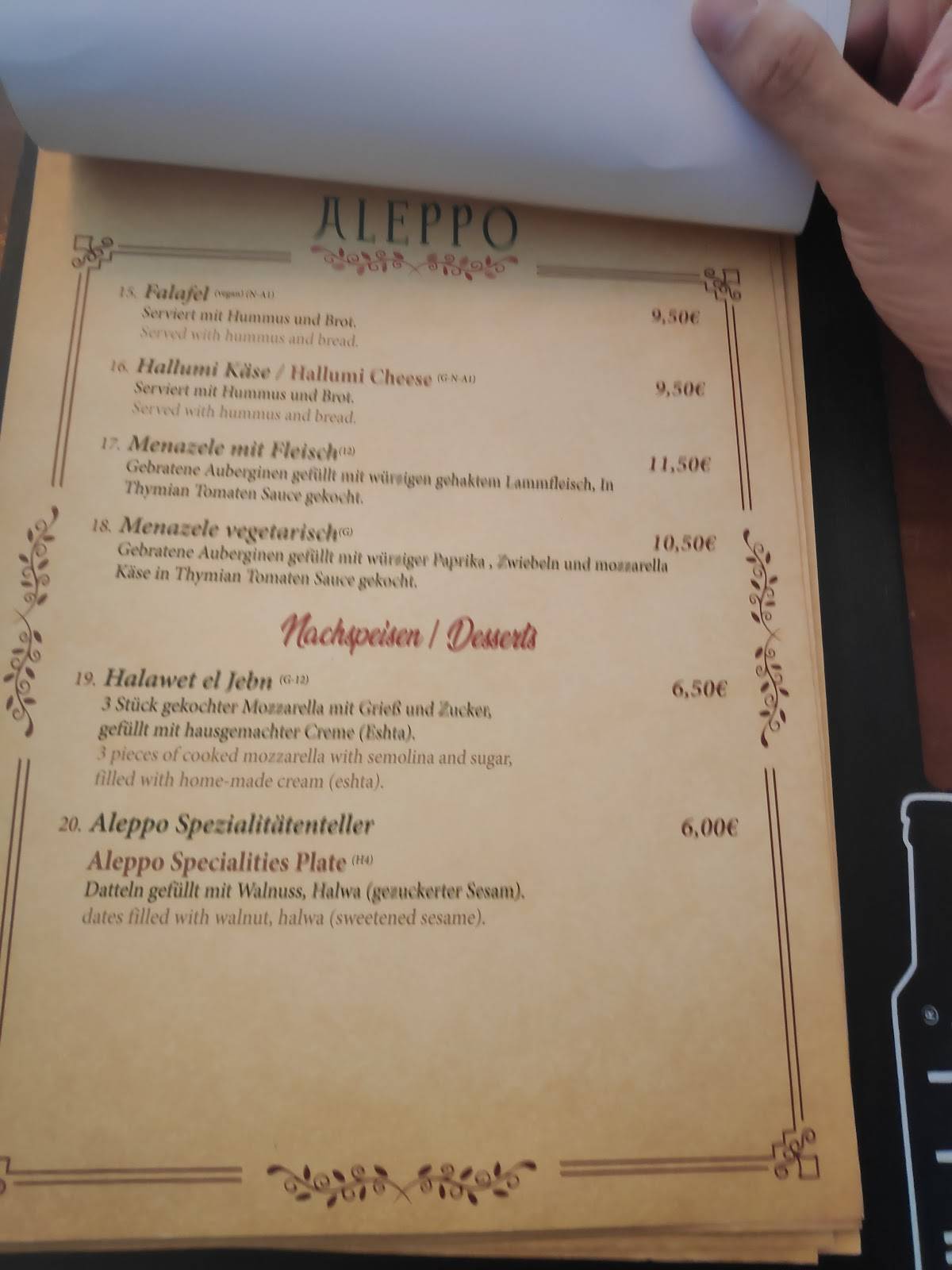 Speisekarte von Aleppo Supper Club, Berlin, Wühlischstraße 21