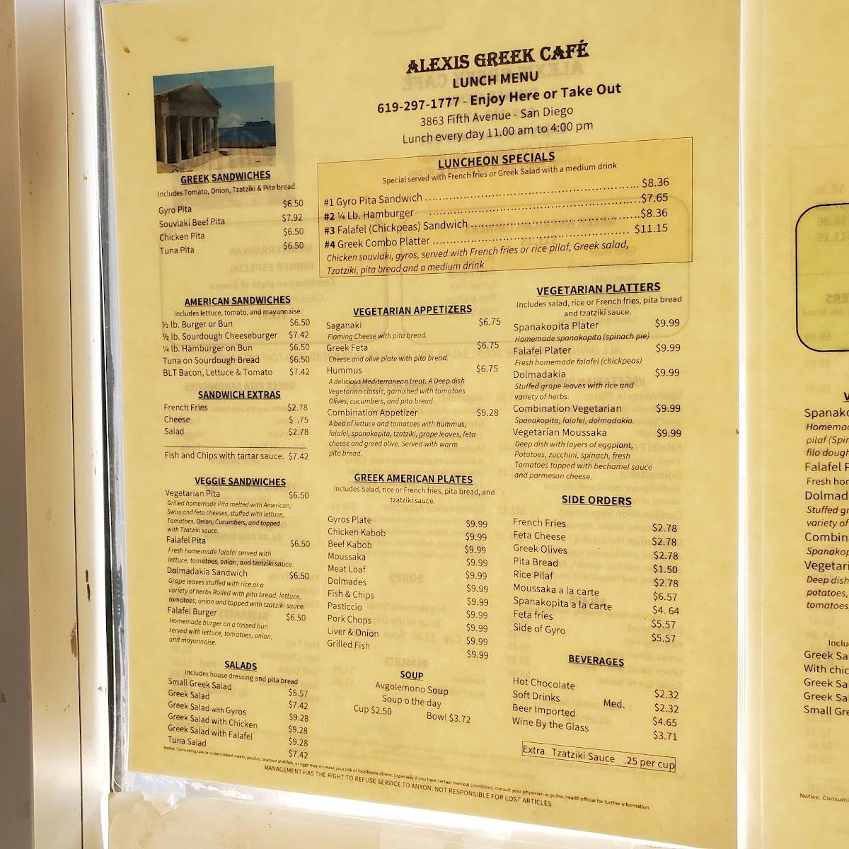 Menu at Alexi's Greek Cafe, San Diego