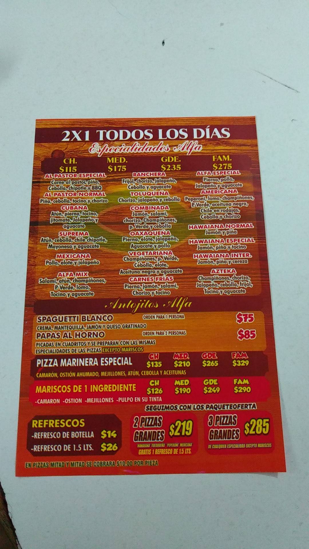 Menu at Alfa Pizzas restaurant, Ecatepec de Morelos