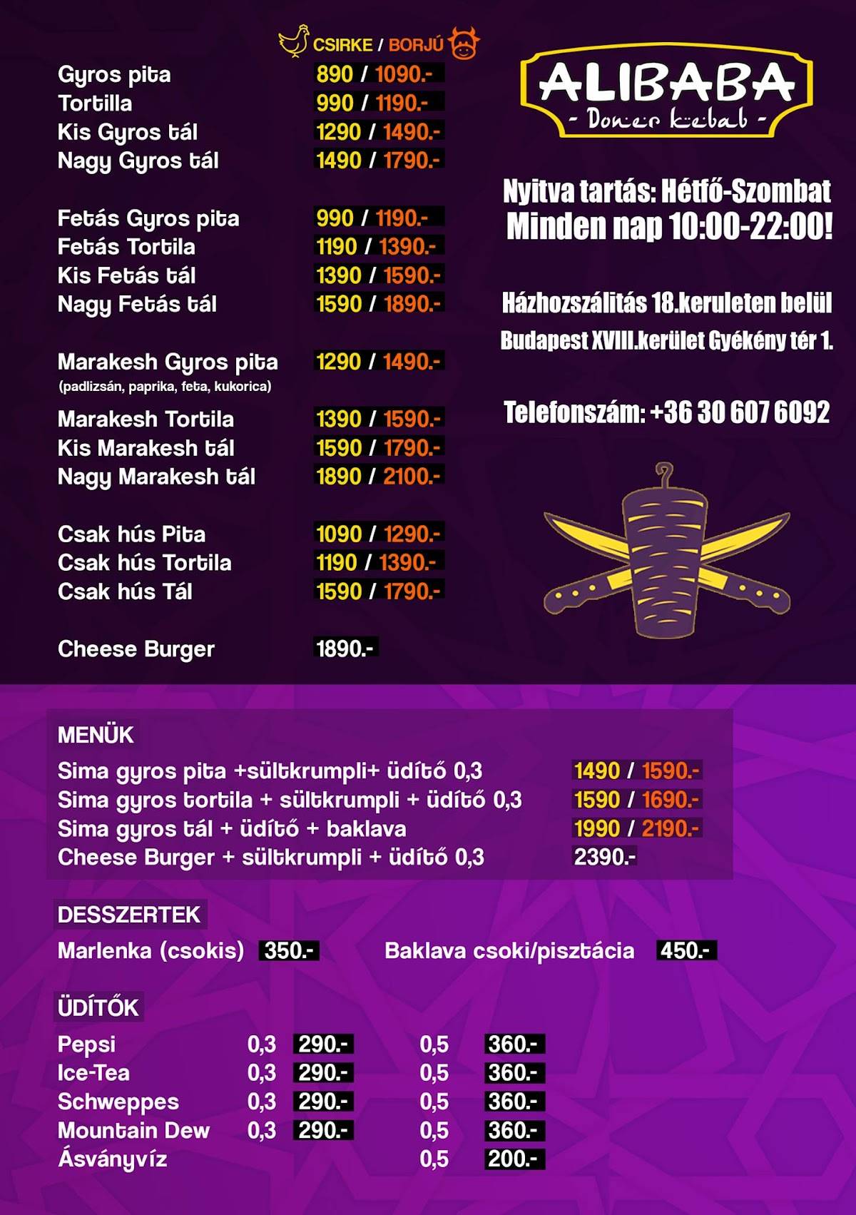 Menu at Alibaba - Döner kebab restaurant, Budapest