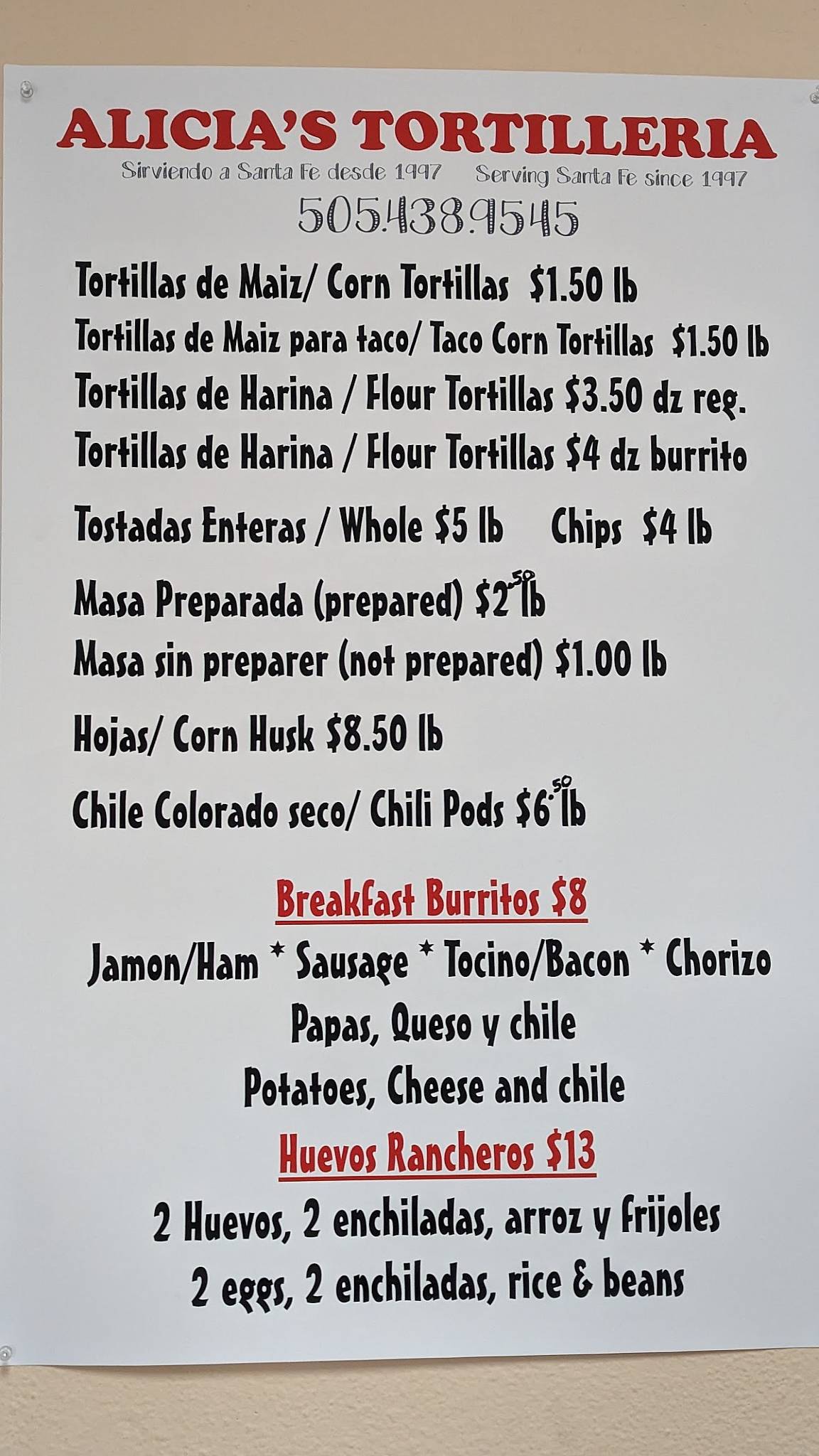 Menu at Alicia's Tortilleria restaurant, Santa Fe