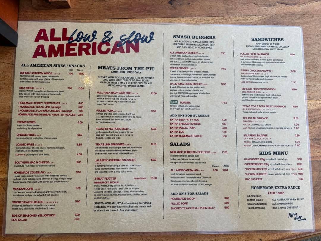 Menu at All American Grill, Protaras