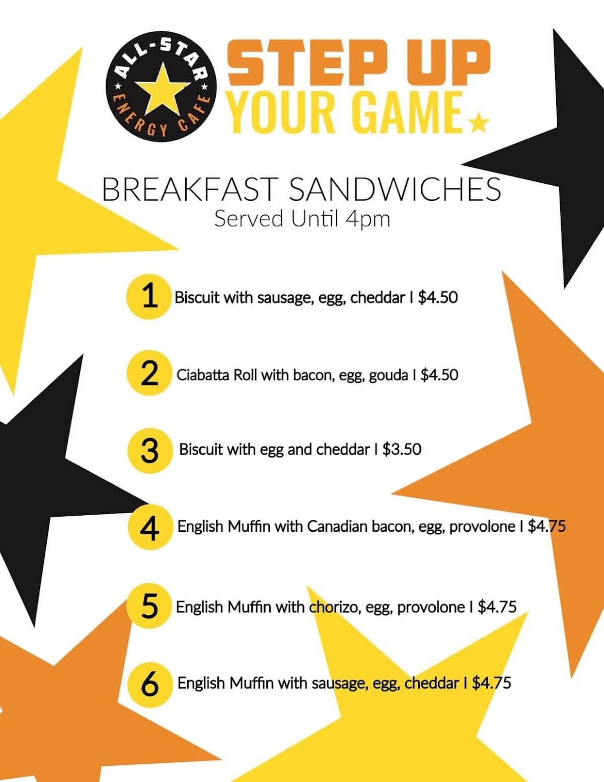 Menu at All Star Energy Cafe, Bettendorf