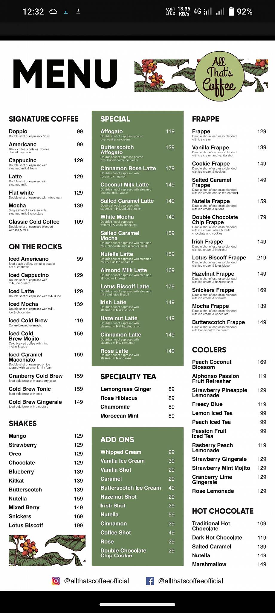 Menu at All That's Coffee, Nashik