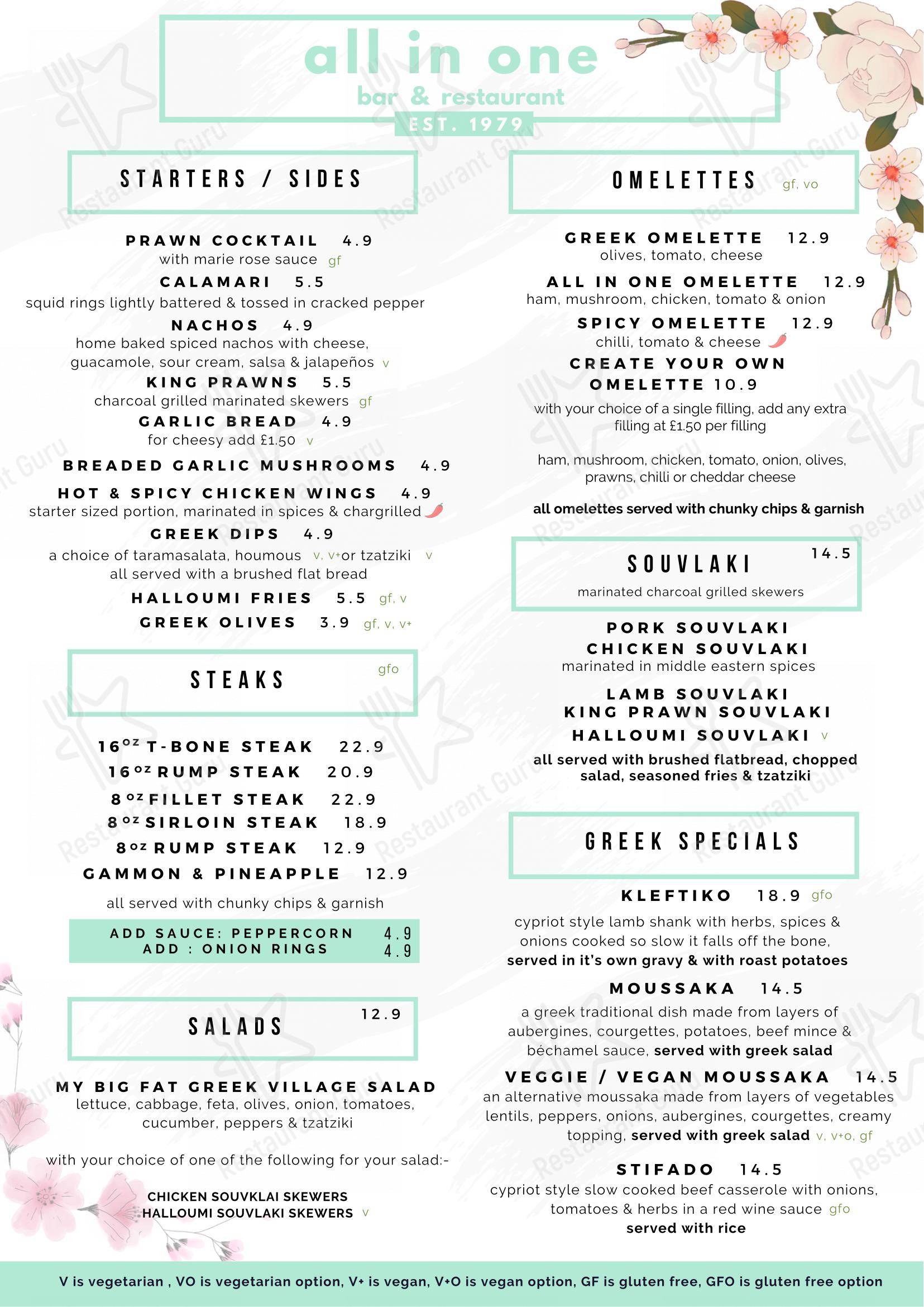Menu at All in One bar & restaurant, Bristol