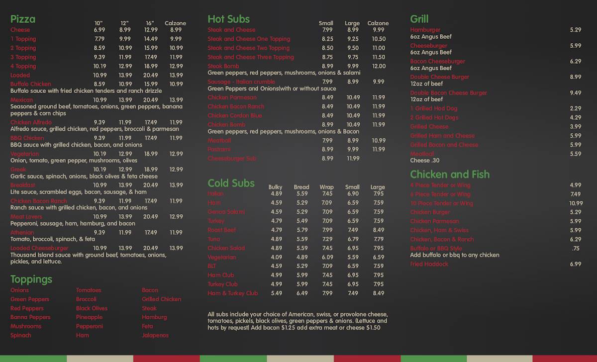 Menu at Allard's Market & Deli pizzeria, North Berwick