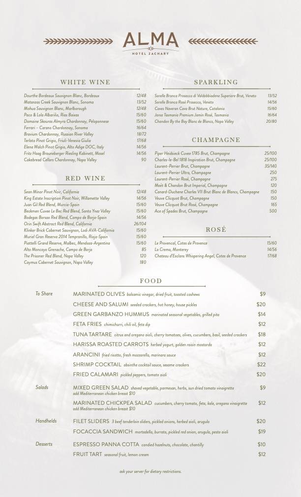 Menu at Alma pub & bar, Chicago